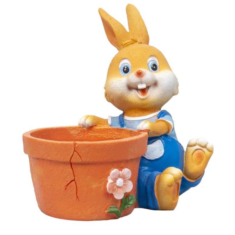 Decoratiune pentru Gradina, Iepure cu Ghiveci pentru Flori, Inaltime 17 cm, Rasina, Galben ...