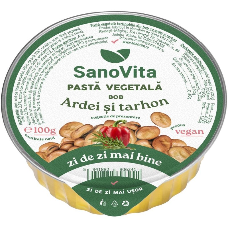 Pasta Vegetala din Bob cu Ardei si Tarhon, Sanovita, 100 g Oferta Pret ...